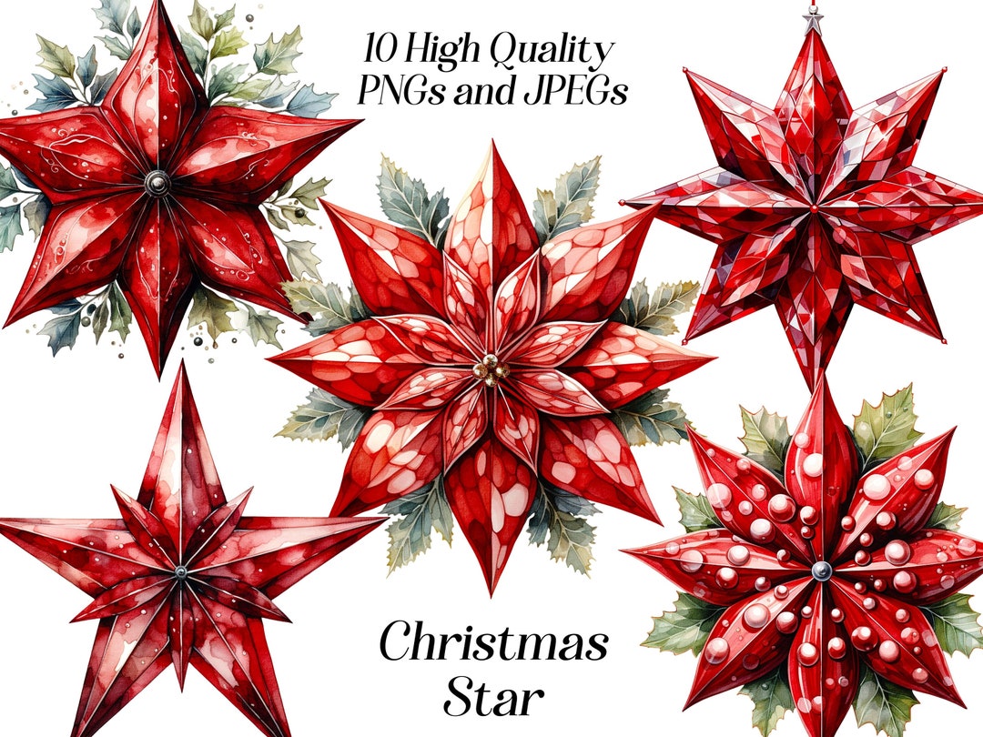 Watercolor Christmas Star Clipart: Festive Red Pngs (digital Download ...