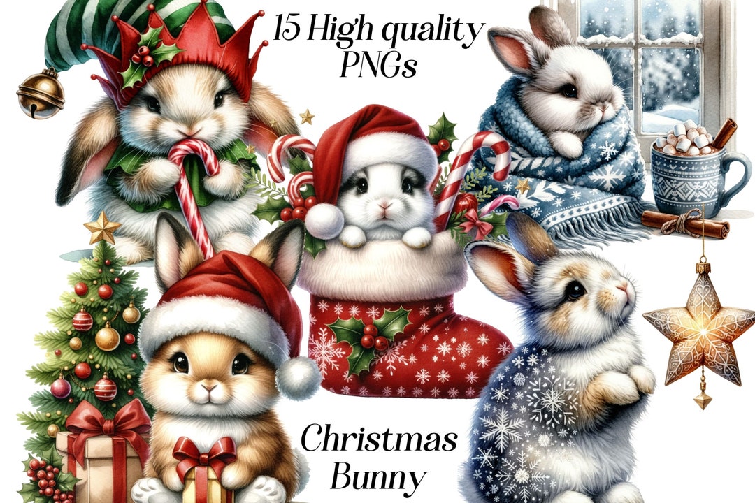 Watercolor Christmas Bunny Clipart, 15 High Quality PNG Files, Cute ...