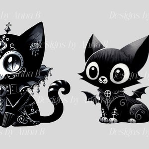 Watercolor Gothic Black Cat Clipart, 12 PNG Files, Black Kitten ...