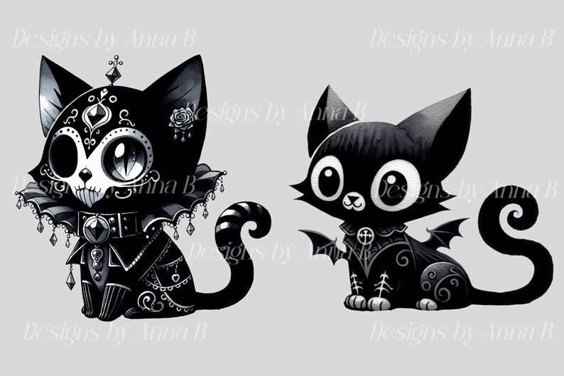 Watercolor Gothic Black Cat Clipart: Halloween Skeleton Kitten (PNG ...