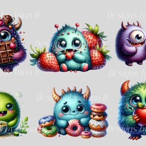 Watercolor Monsters Eating Food Clipart, 43 PNG Files, Cute Creatures ...