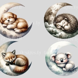 Watercolor Sleepy Animals on Crescent Moon Clipart (PNG Files) - Etsy