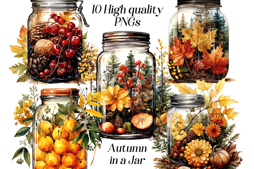 Watercolor Autumn Jar Clipart: Fall Foliage PNG Graphics (digital ...
