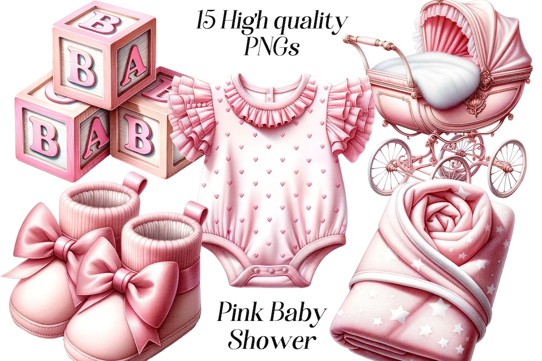 Watercolor Pink Baby Shower Clipart: 15 PNG Illustrations (digital ...