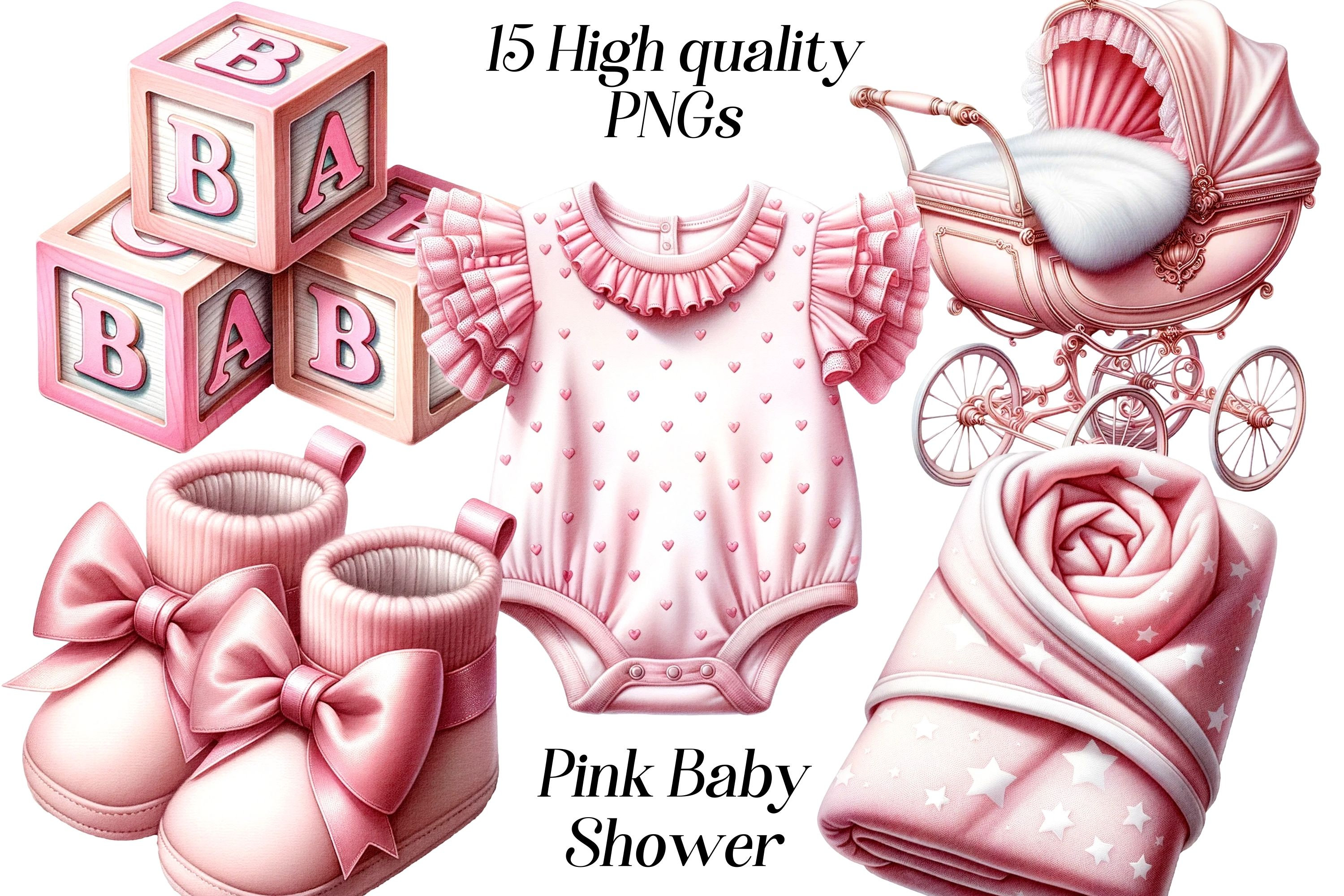 Watercolor Pink Baby Shower Clipart: 15 PNG Illustrations (digital ...