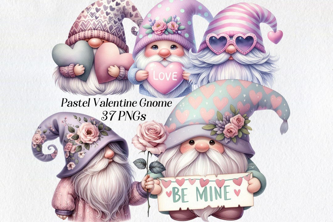 Valentine Gnome Clipart, Watercolor Pastel Gnome Clip Art, Png, Love ...