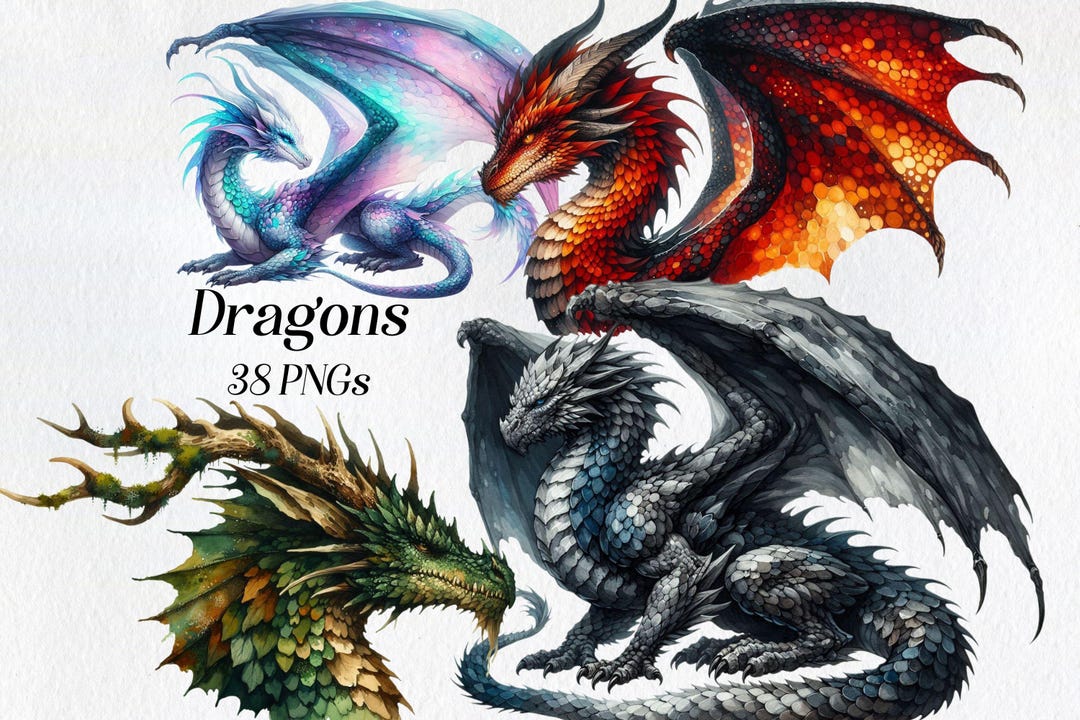Watercolor Dragons Clipart: Fantasy PNG Illustrations (38 Files) - Etsy