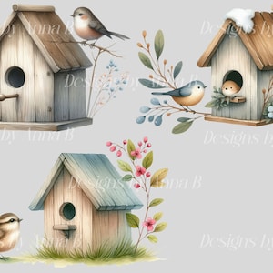 Watercolor Bird House Clipart: Rustic Spring Garden Pngs (digital ...
