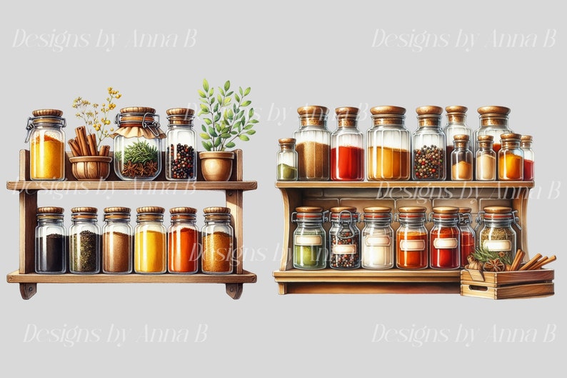 Watercolor Spice Rack Clipart: Kitchen Herbs & Spices (13 PNG Files ...