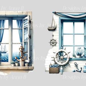 Watercolor Nautical View Clipart, 10 High Quality PNG Files, Window ...