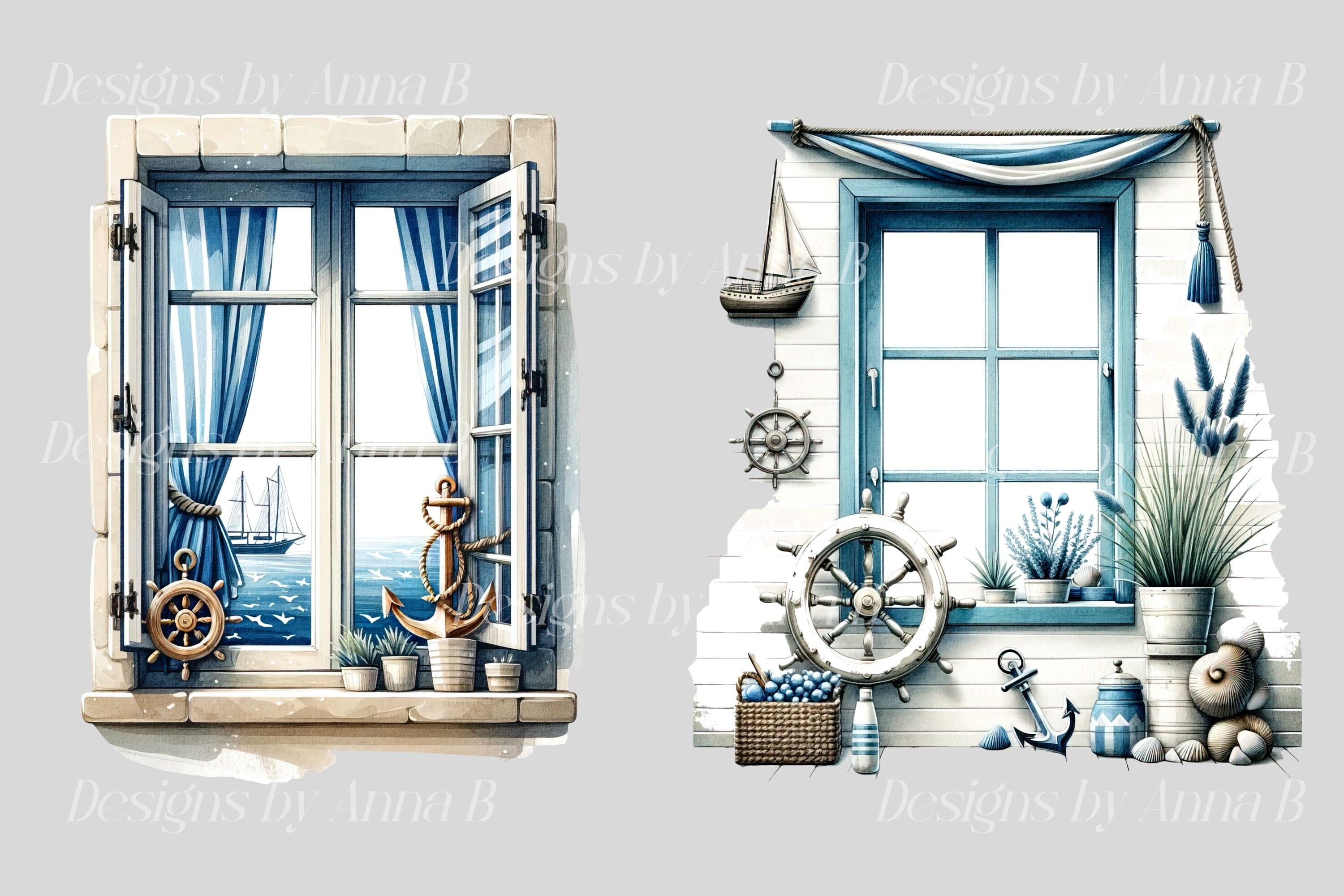 Watercolor Nautical Window Clipart: Ocean View PNG Graphics (digital ...