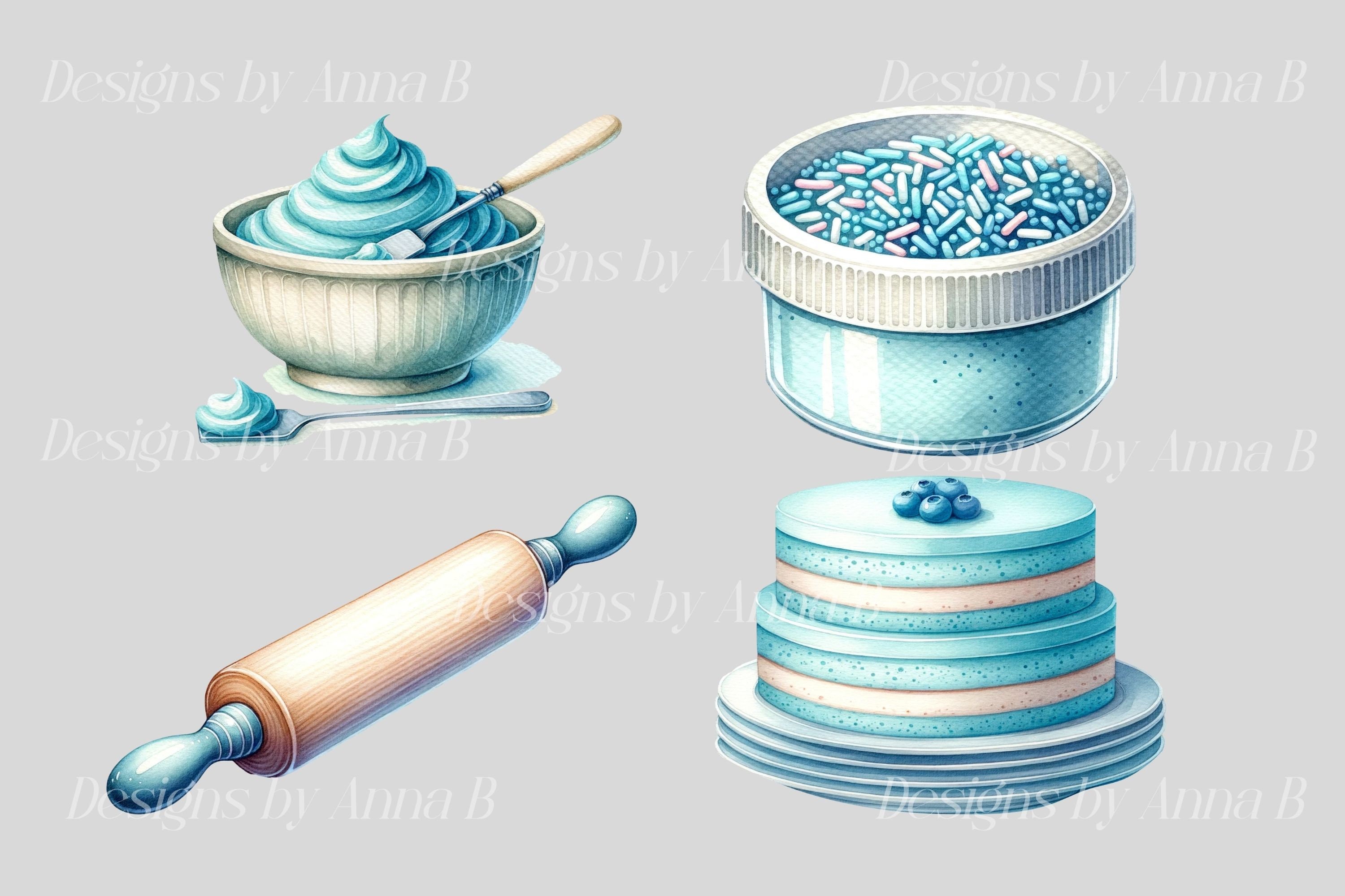 Pastel Blue Baking Clipart: Watercolor Kitchen Tools (digital Download ...