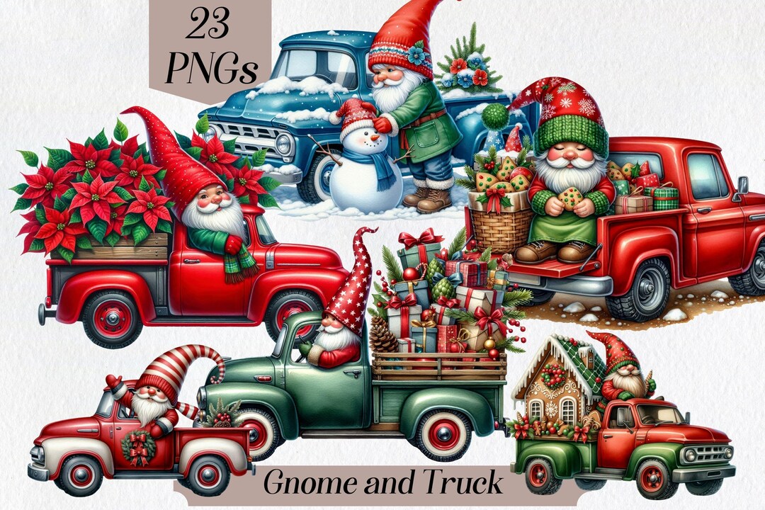 Winter Gnome Truck Clipart: Festive Christmas PNG Graphics (digital ...