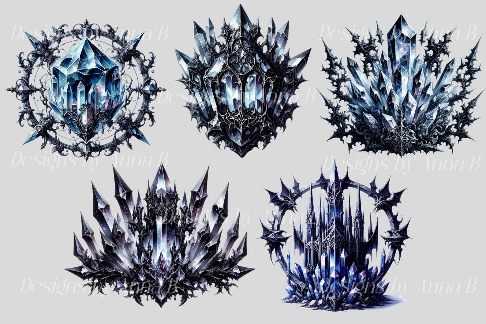 Watercolor Gothic Crystals Clipart: Dark Magic Gems (30 Pngs) (digital ...