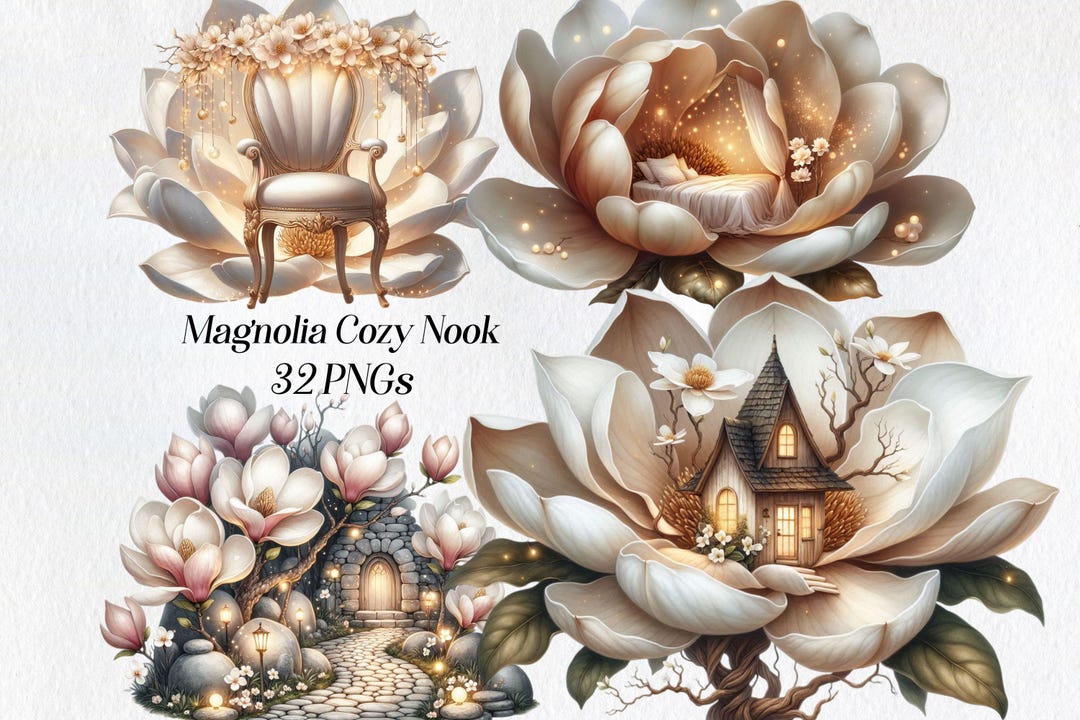 Magnolia Cozy Nook Clipart: 32 Floral PNG Graphics (digital Download ...