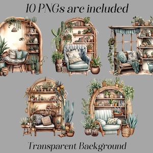 Watercolor Boho Seating Area Clipart, 10 High Quality JPEG and PNG ...