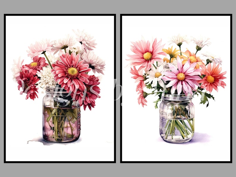Daisy Bouquet Clipart: Watercolor Floral Jar Illustration (digital ...
