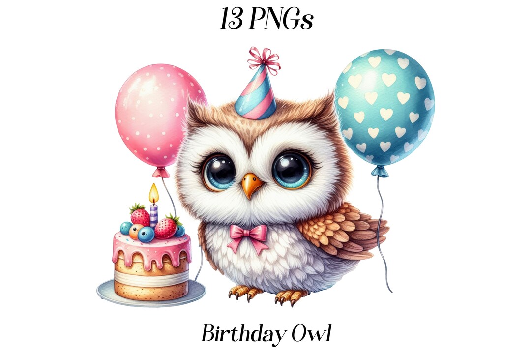 Watercolor Birthday Owl Clipart, Party Graphics (13 PNG Files) - Etsy