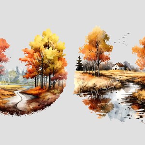 Watercolor Autumn Landscape Clipart: 10 PNG Fall Graphics (digital ...
