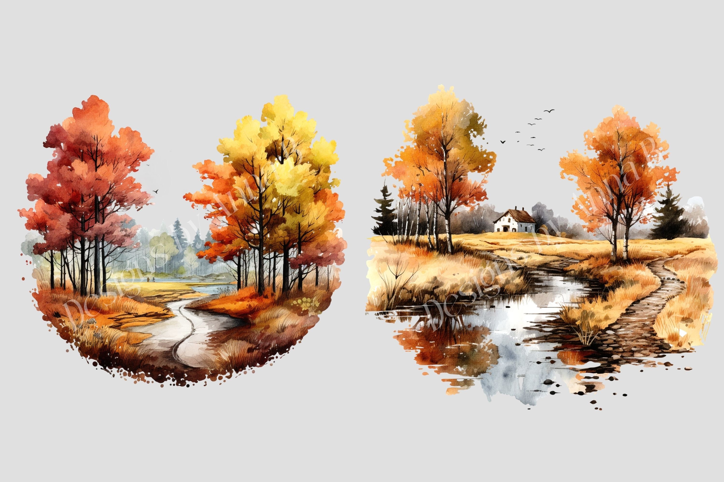 Watercolor Autumn Landscape Clipart: 10 PNG Fall Graphics (digital ...