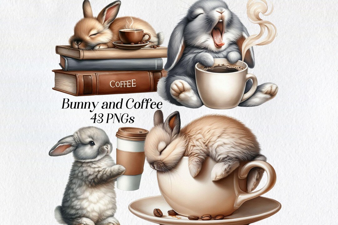 Watercolor Bunny Clipart: Sleepy Rabbit & Coffee PNG Graphics (digital ...