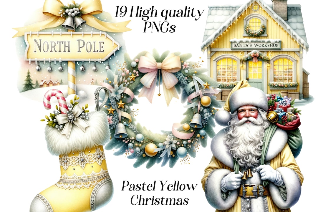 Yellow Christmas Clipart, Xmas Clip Art, Png, Cozy Holiday Illustration ...