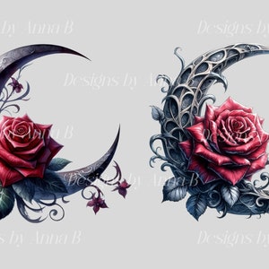 Gothic Crescent Clipart: Watercolor Moon & Red Roses (PNG Digital ...