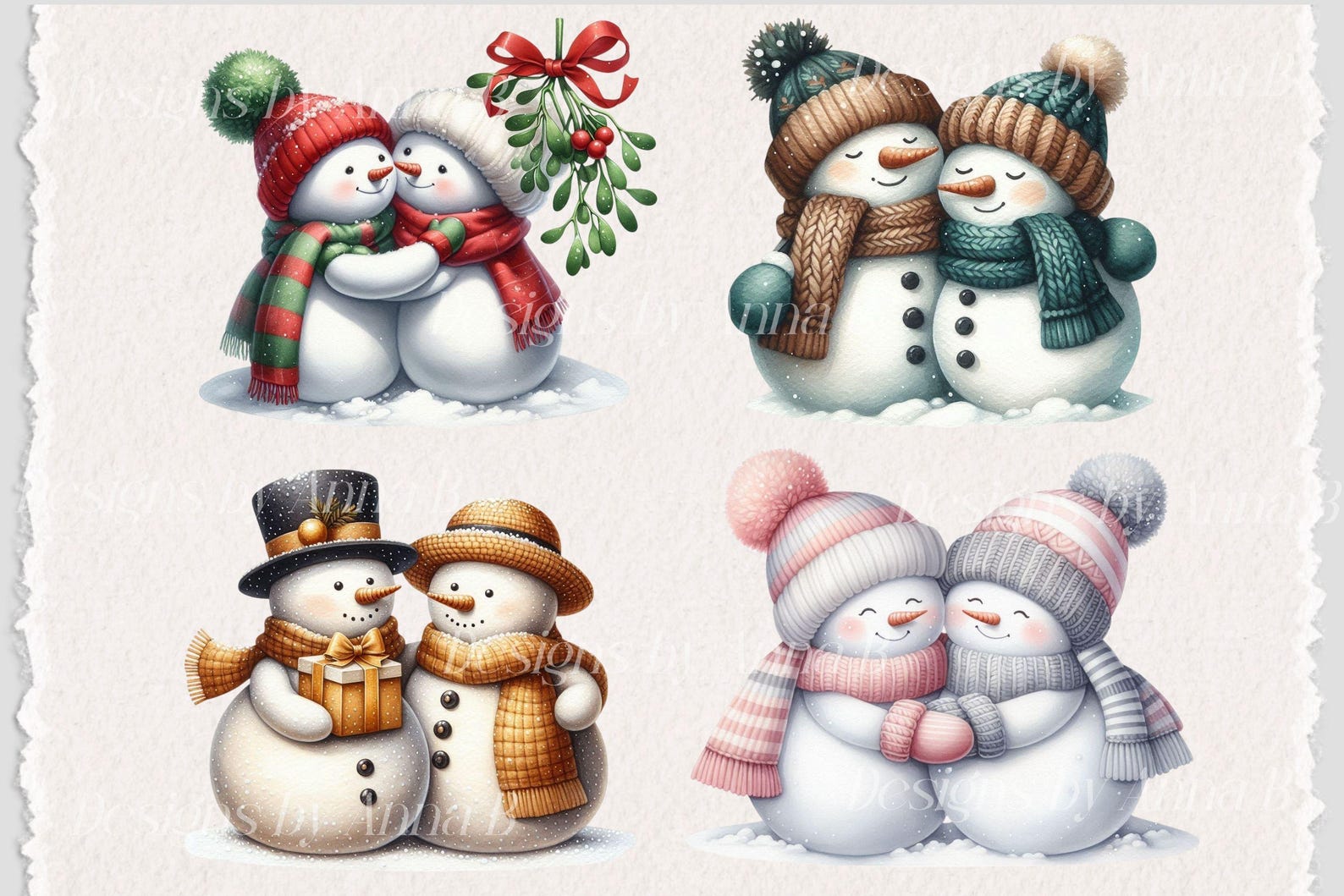 Watercolor Hugging Snowman Clipart: 24 PNG Festive Graphics (digital ...