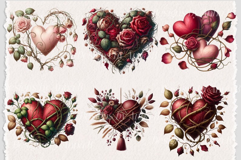 Watercolor Vine Hearts Clipart: Botanical Floral PNG Images (digital ...