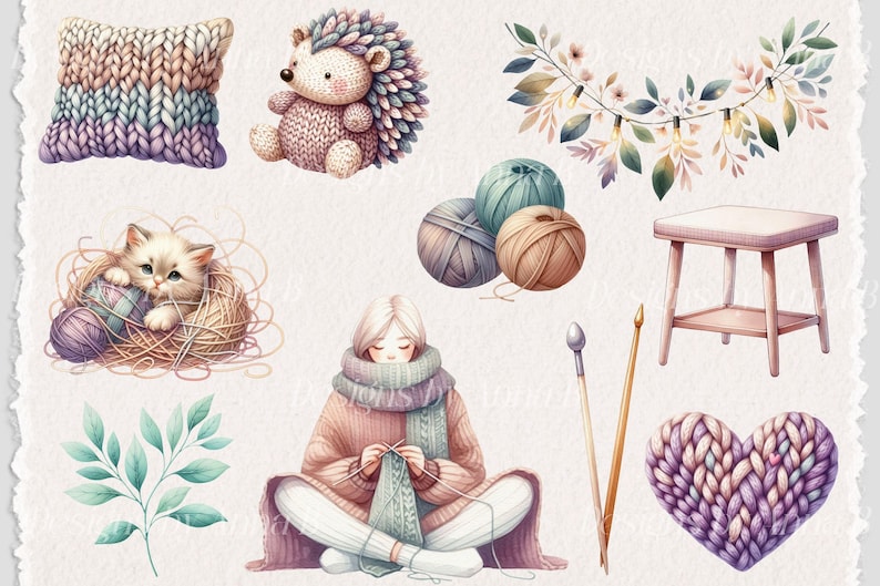 Cozy Knitting Watercolor Clipart: Knitted Animals, Pastel Decor ...