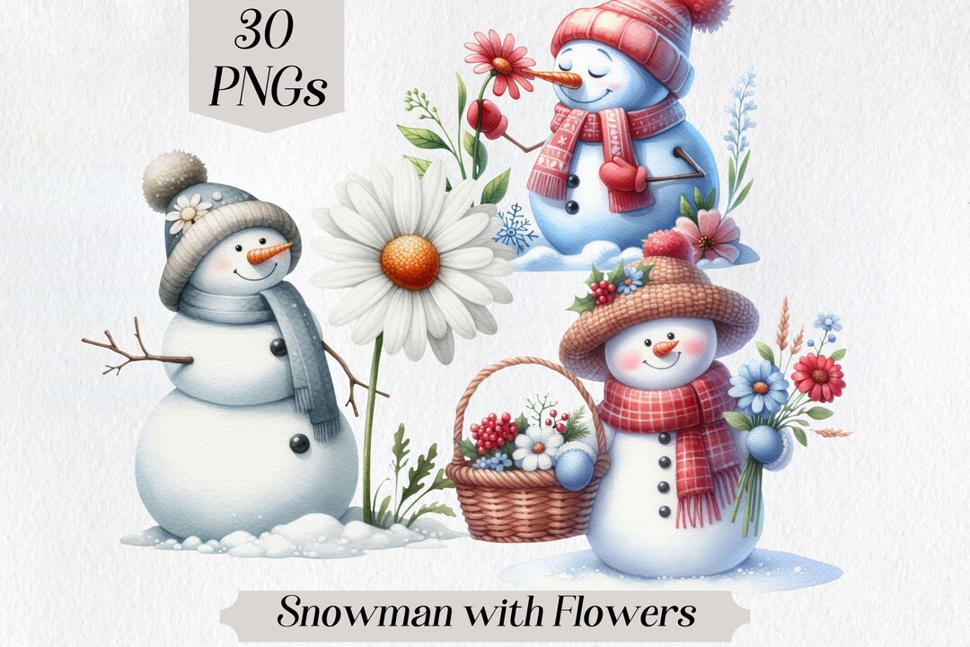 Snowman With Flowers Clipart, Floral Snowman Clip Art, Png, Cute ...