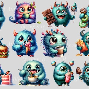 Watercolor Monsters Eating Food Clipart, 43 PNG Files, Cute Creatures ...