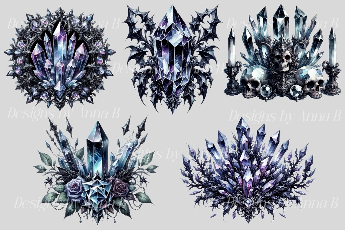 Watercolor Gothic Crystals Clipart: Dark Magic Gems (30 Pngs) (digital ...