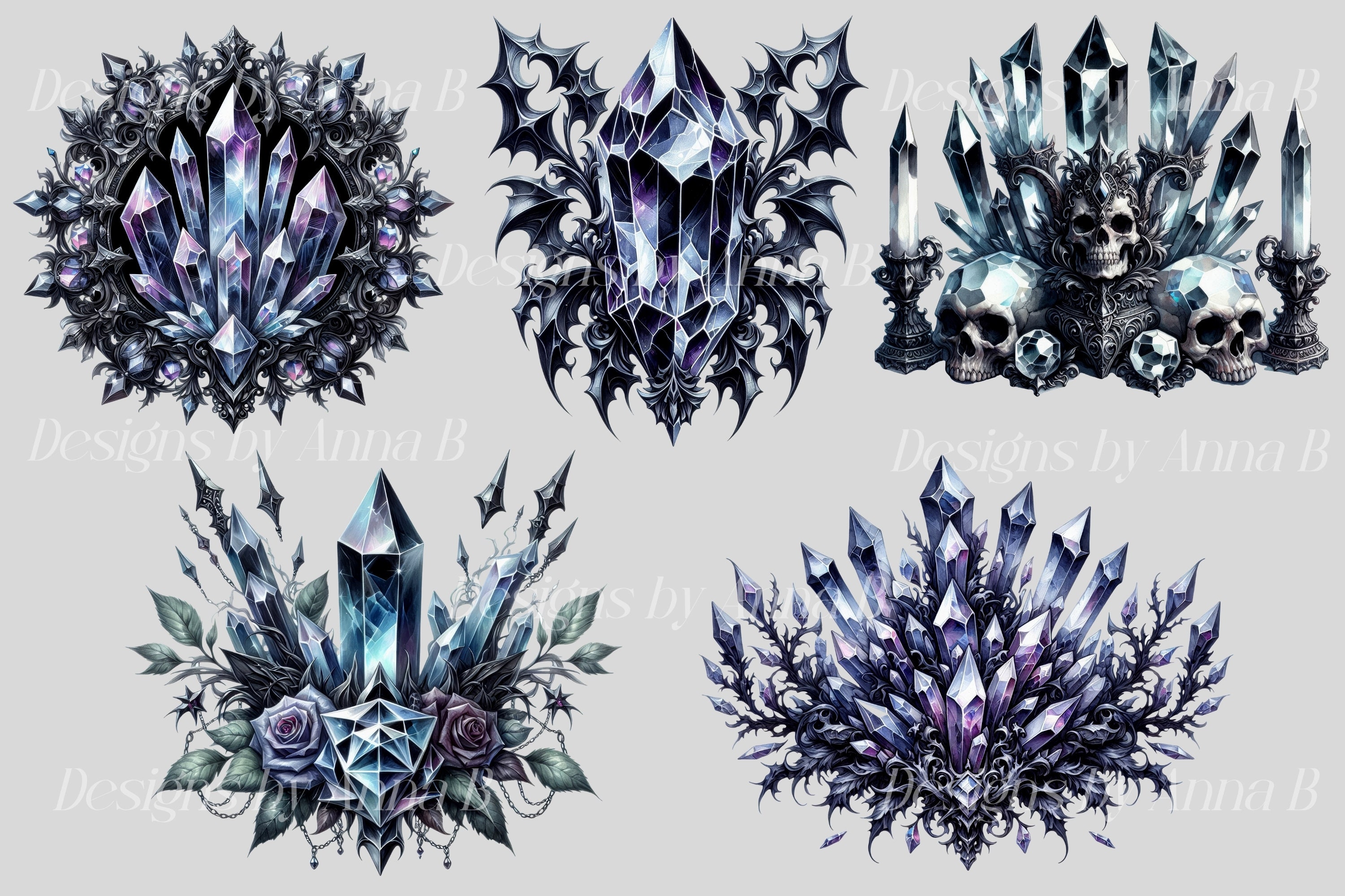 Watercolor Gothic Crystals Clipart: Dark Magic Gems (30 Pngs) (digital ...