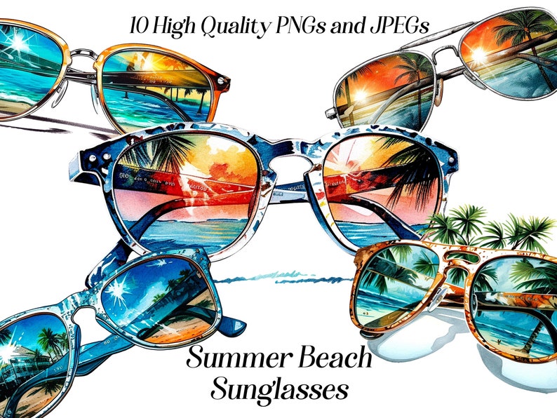 Watercolor Beach Sunglasses Clipart: Summer Vacation Graphics (digital ...