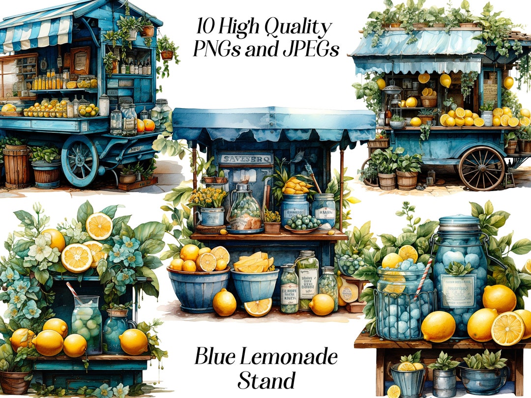 Watercolor Blue Lemonade Stand Clipart, 10 High Quality JPEG and PNG ...