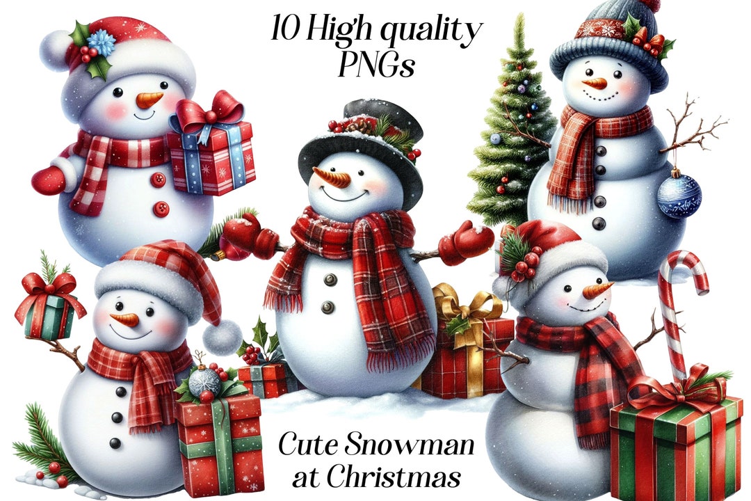 Watercolor Christmas Snowman PNG Clipart: Holiday Graphics (digital ...