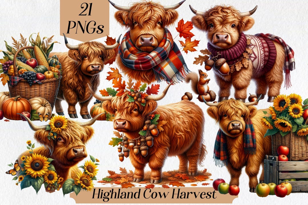 Autumn Highland Cow Clipart: Rustic Fall PNG Set (digital Download) - Etsy