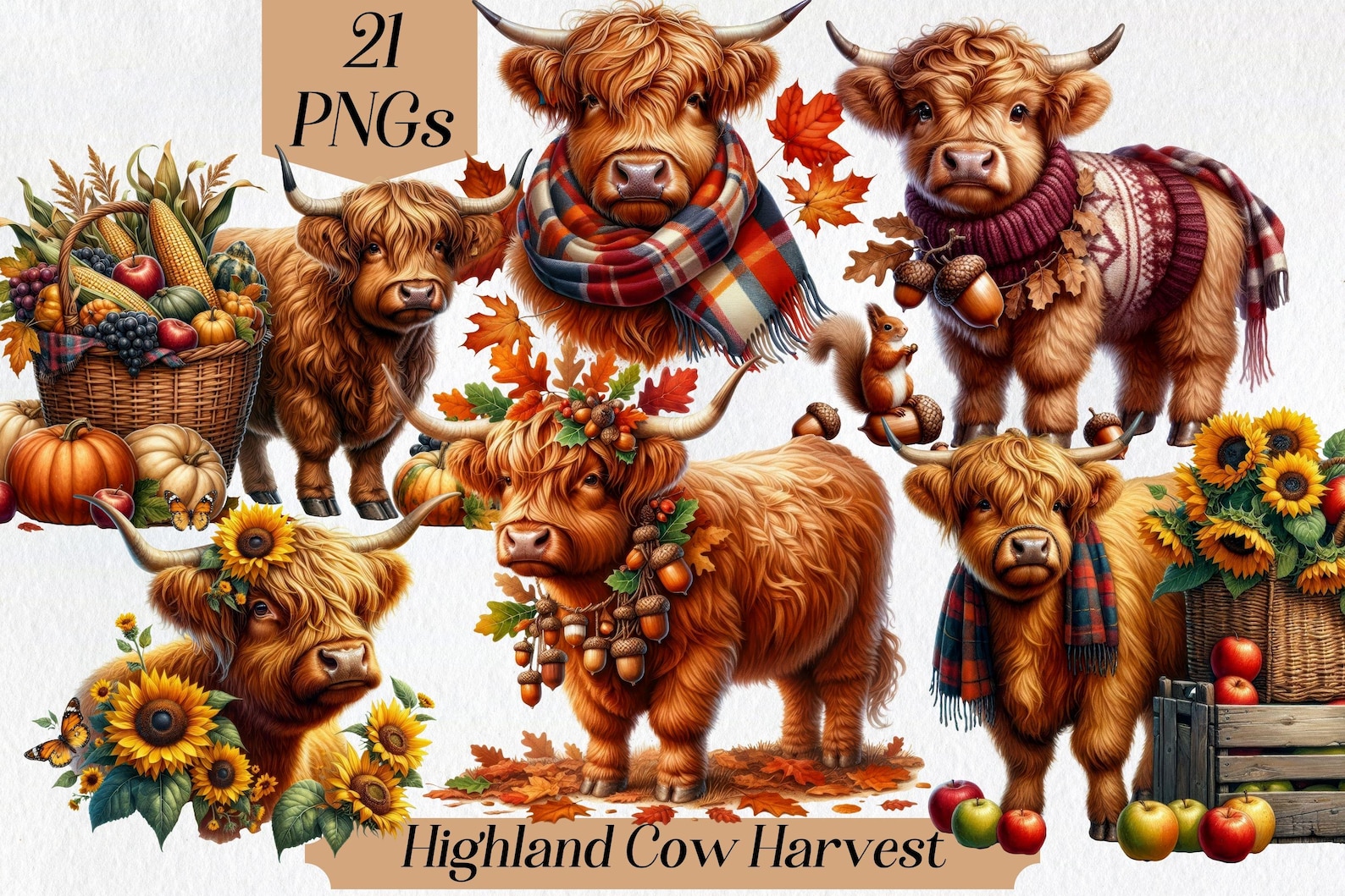 Autumn Highland Cow Clipart: Rustic Fall PNG Set (digital Download) - Etsy