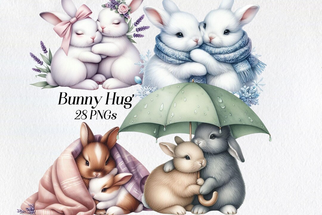 Bunny Hug Clipart, Watercolor Cute Rabbits Clip Art, Png, Bunny Love ...