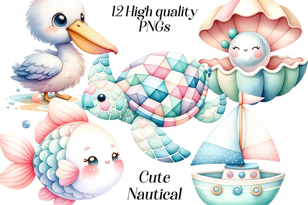 Watercolor Cute Nautical Clipart, 12 High Quality PNG Files, Ocean ...