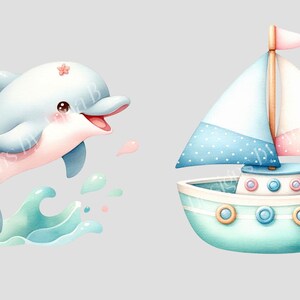 Watercolor Cute Nautical Clipart, 12 High Quality PNG Files, Ocean ...