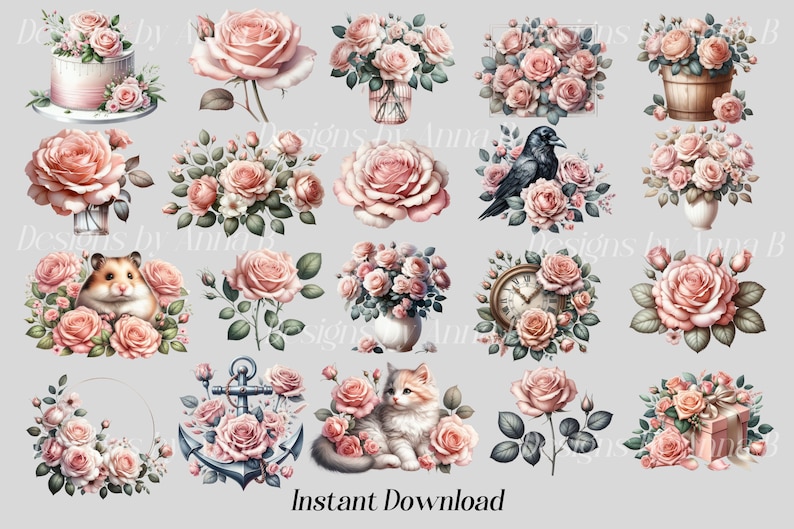 Watercolor Pink Roses Clipart Bundle: 219 PNG Floral Graphics (digital ...