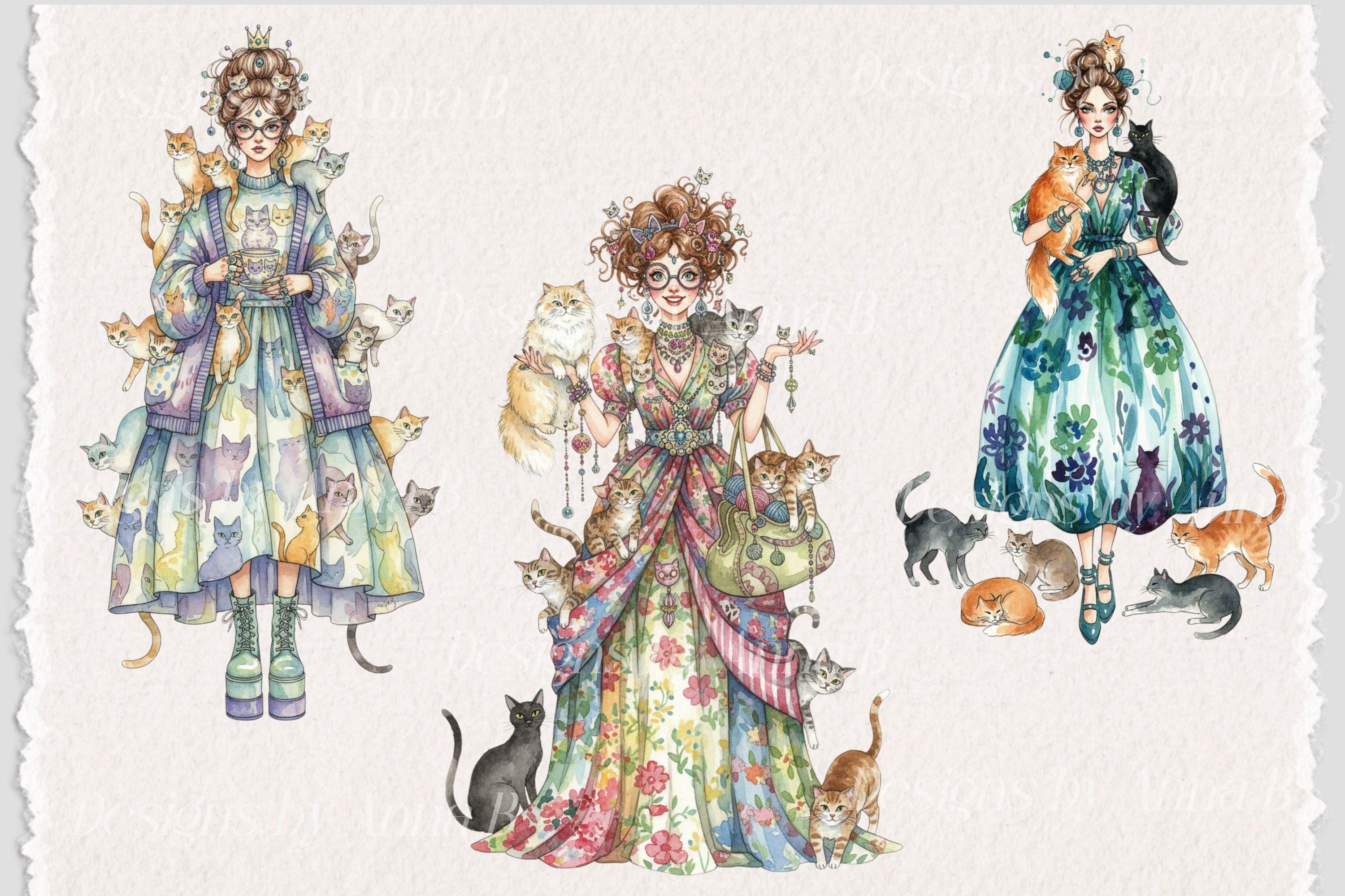 Whimsical Crazy Cat Lady Clipart: Fashion Illustration PNG Set (digital ...