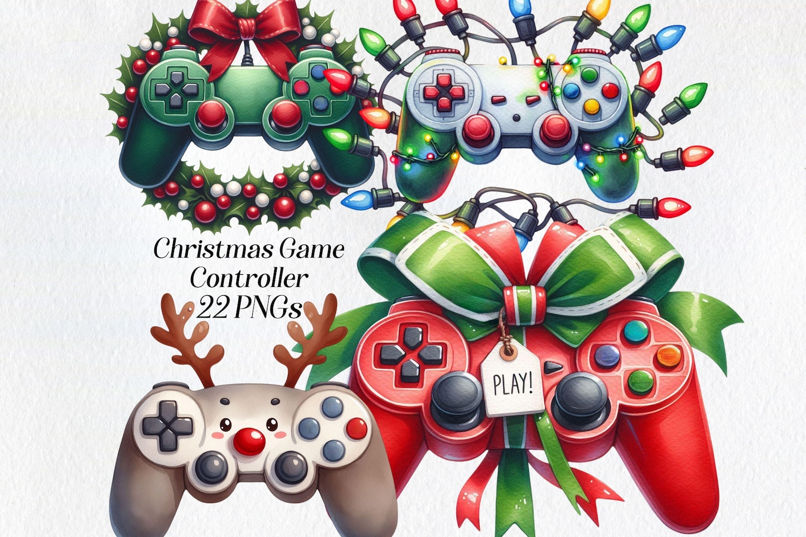 Watercolor Christmas Game Controller Clipart: Festive Gamer PNG ...