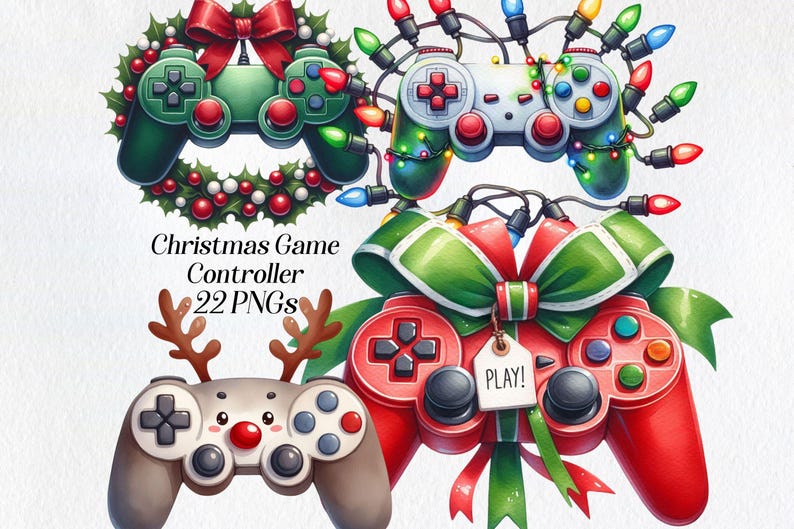 Watercolor Christmas Game Controller Clipart: Festive Gamer PNG ...