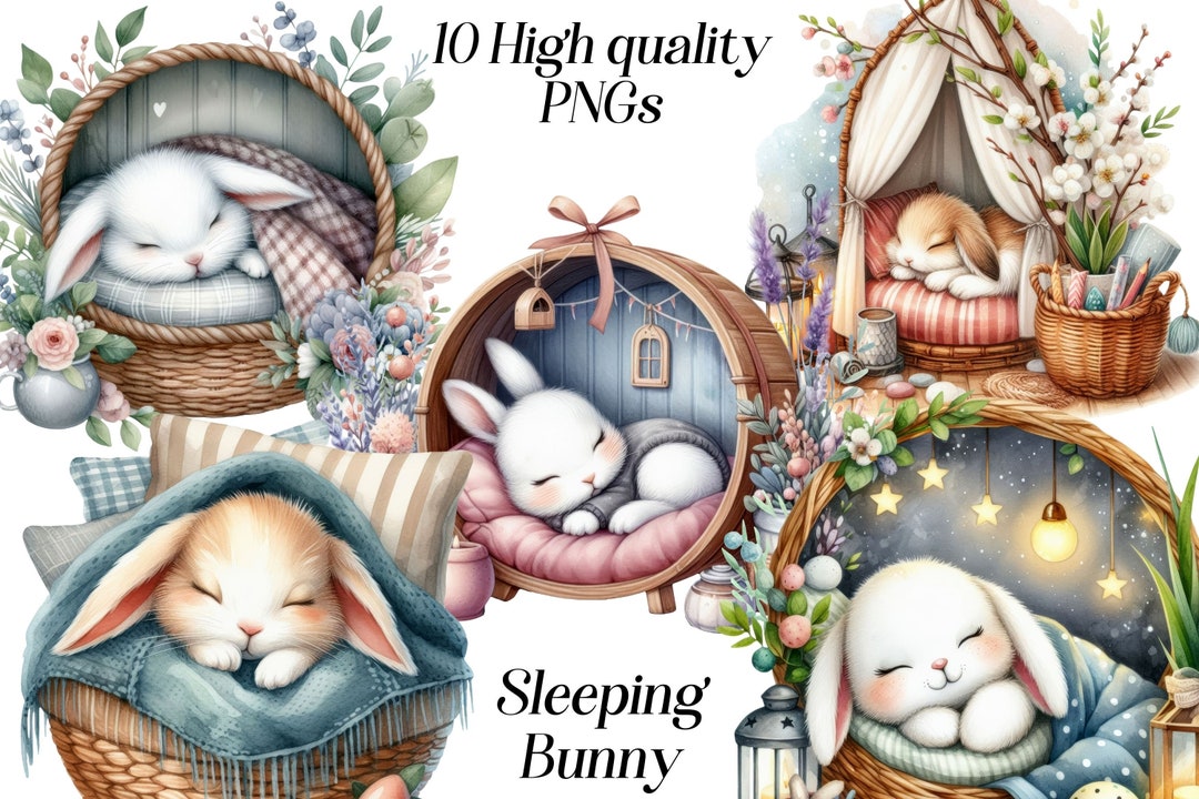 Watercolor Sleeping Bunny Clipart, 10 High Quality PNG Files, Cute ...