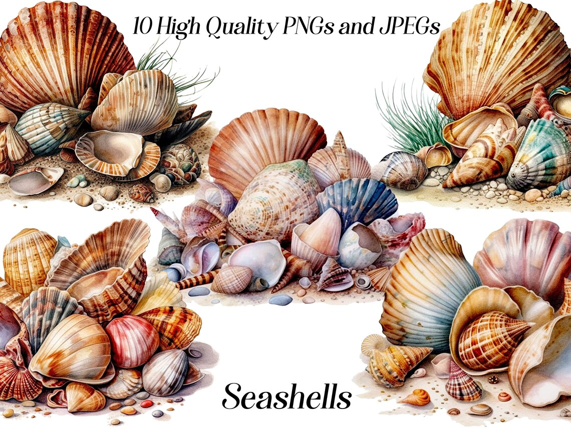 Watercolor Seashells Clipart: Nautical JPEG & PNG Files (digital ...