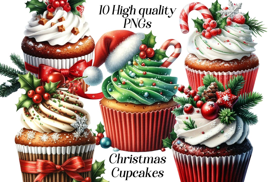 Watercolor Christmas Cupcakes Clipart: Festive PNG Graphics (digital ...