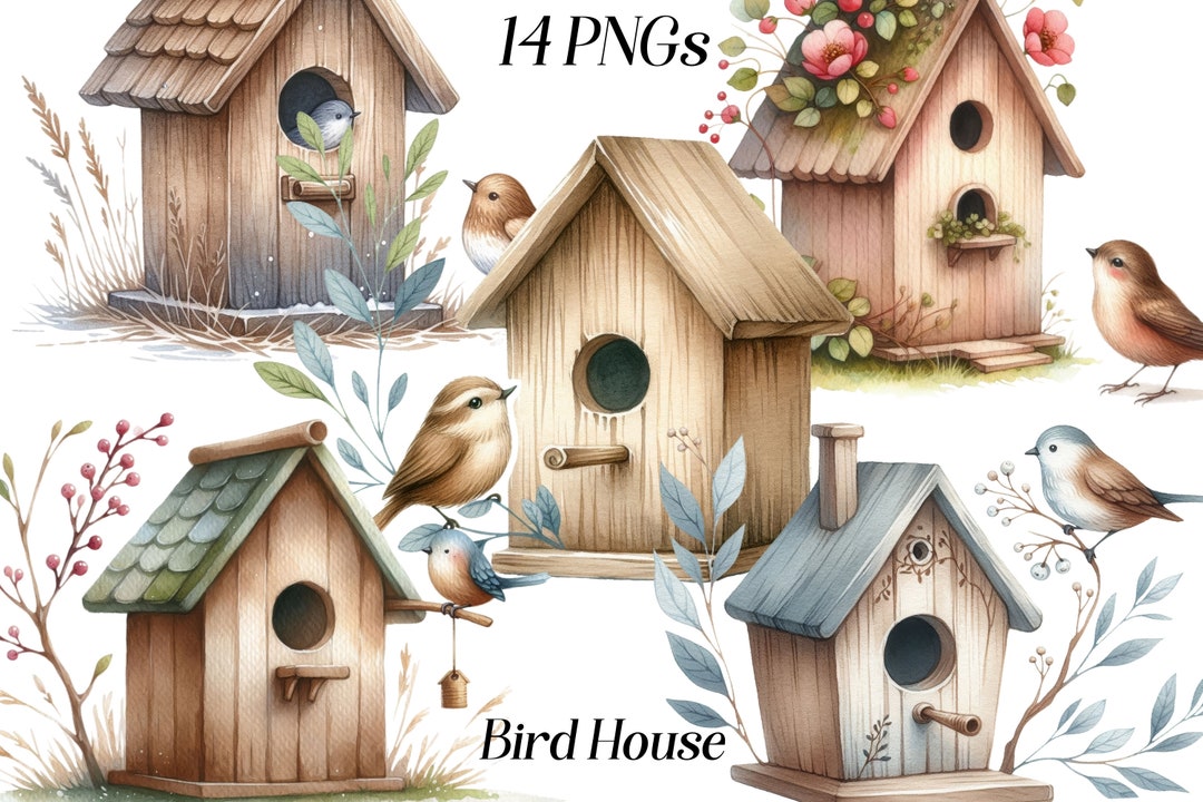 Watercolor Bird House Clipart: Rustic Spring Garden Pngs (digital ...